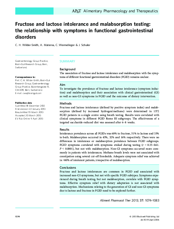 (PDF) Fructose and lactose intolerance and malabsorption testing: the ...