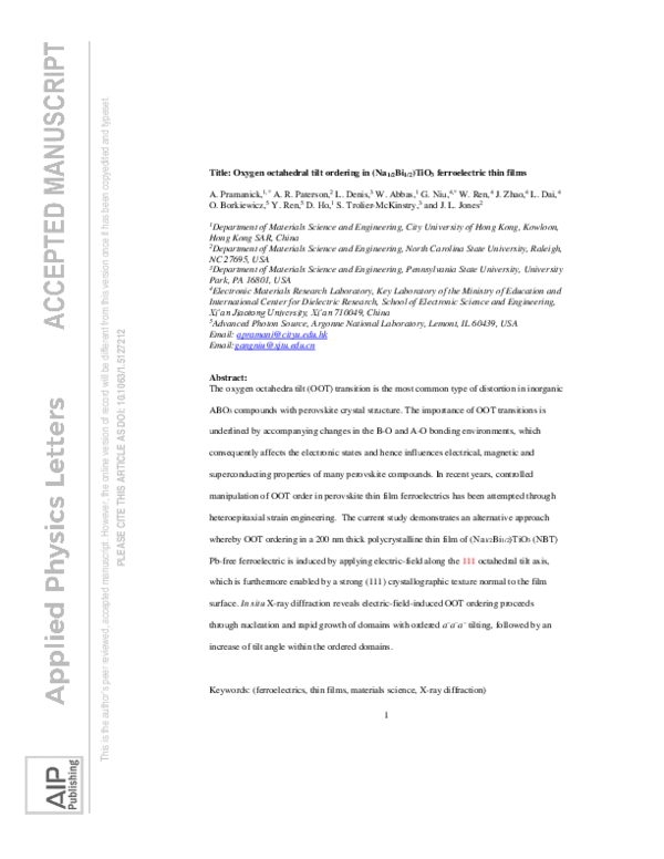 (PDF) Oxygen octahedral tilt ordering in (Na1/2Bi1/2)TiO3 ferroelectric thin films