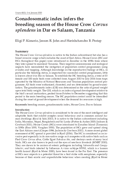 (PDF) Gonadosomatic index infers the breeding season of the House Crow ...