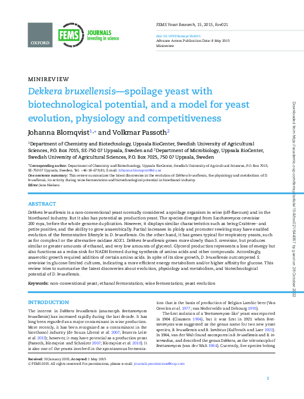 (PDF) Dekkera bruxellensis—spoilage yeast with biotechnological ...