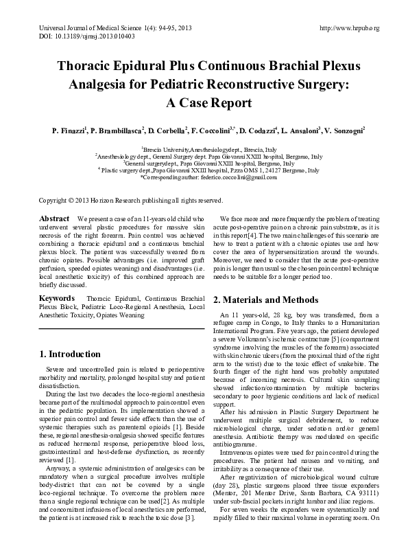 (PDF) Thoracic Epidural Plus Continuous Brachial Plexus Analgesia for Pediatric Reconstructive ...