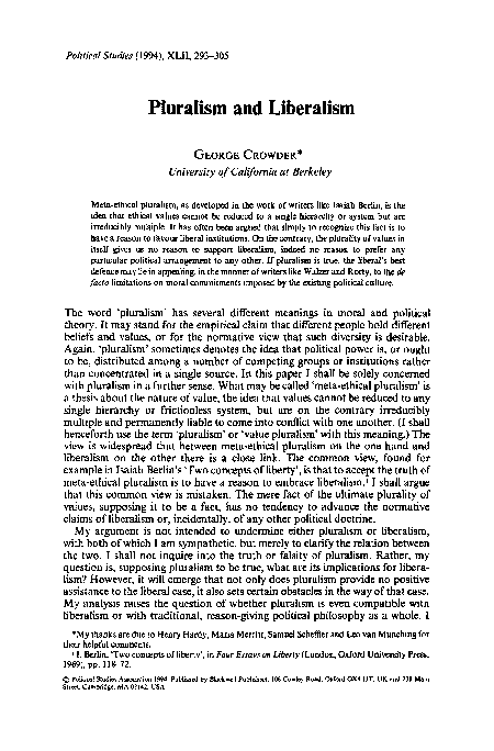 (PDF) Pluralism and Liberalism