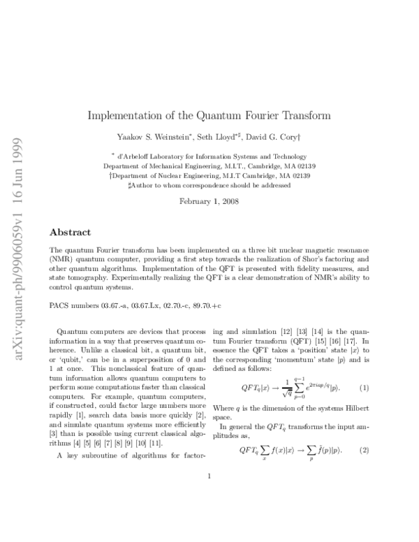 (PDF) Implementation of the Quantum Fourier Transform