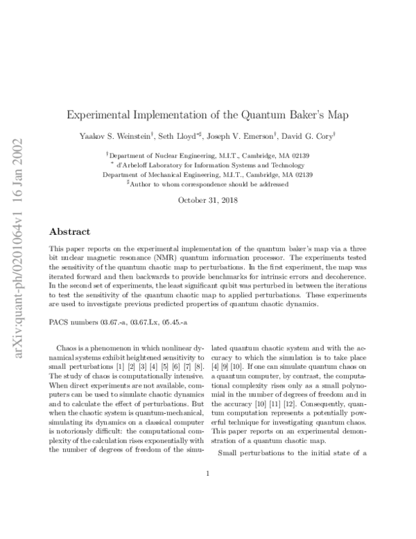 (PDF) Experimental Implementation of the Quantum Baker’s Map