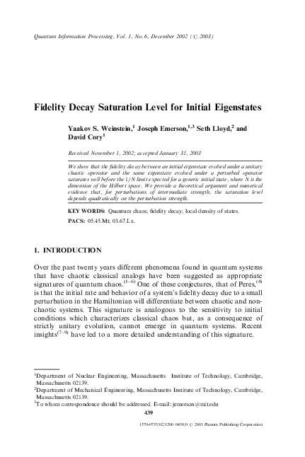 (PDF) Fidelity Decay Saturation Level for Initial Eigenstates | Yaakov ...