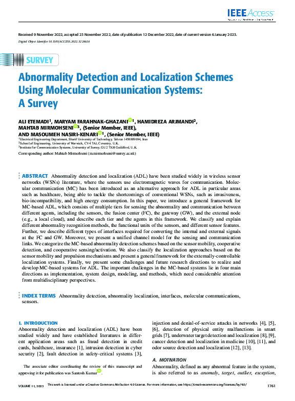 (PDF) Abnormality Detection and Localization Schemes Using Molecular Communication Systems: A Survey
