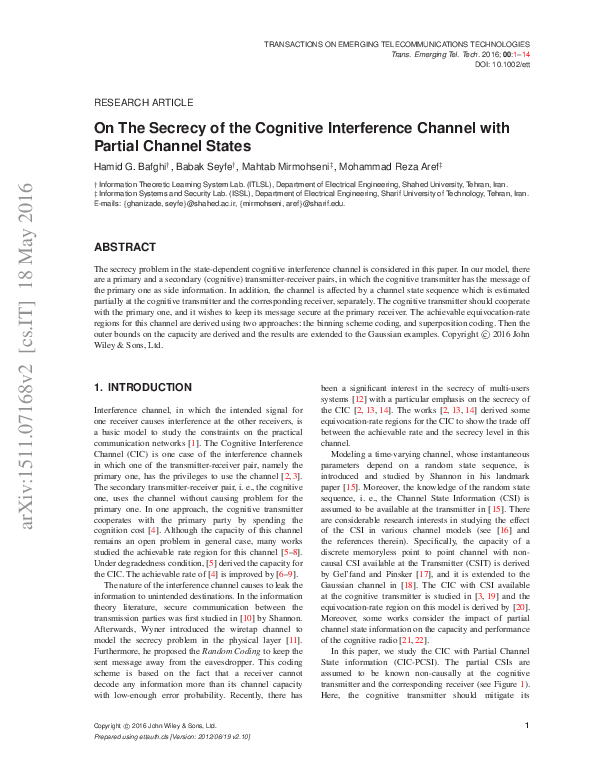 (PDF) On the secrecy of the cognitive interference channel with partial ...