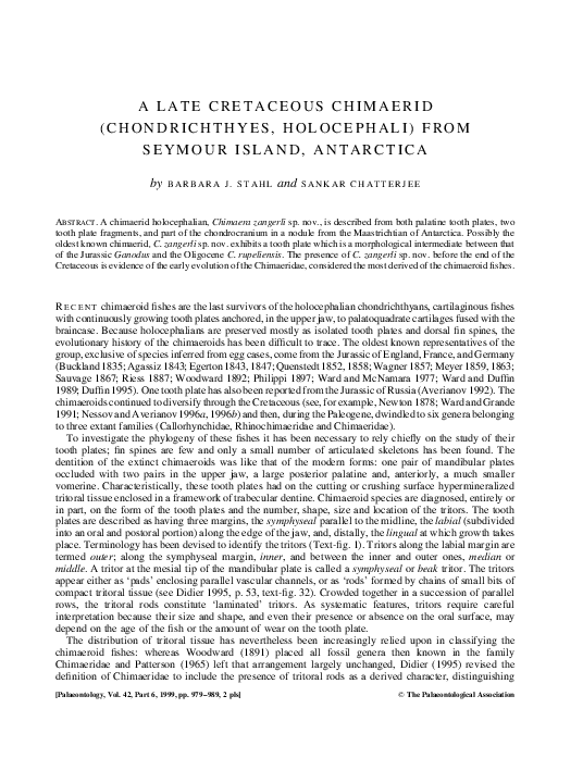 (PDF) A Late Cretaceous Chimaerid (Chondrichthyes, Holocephali) from ...
