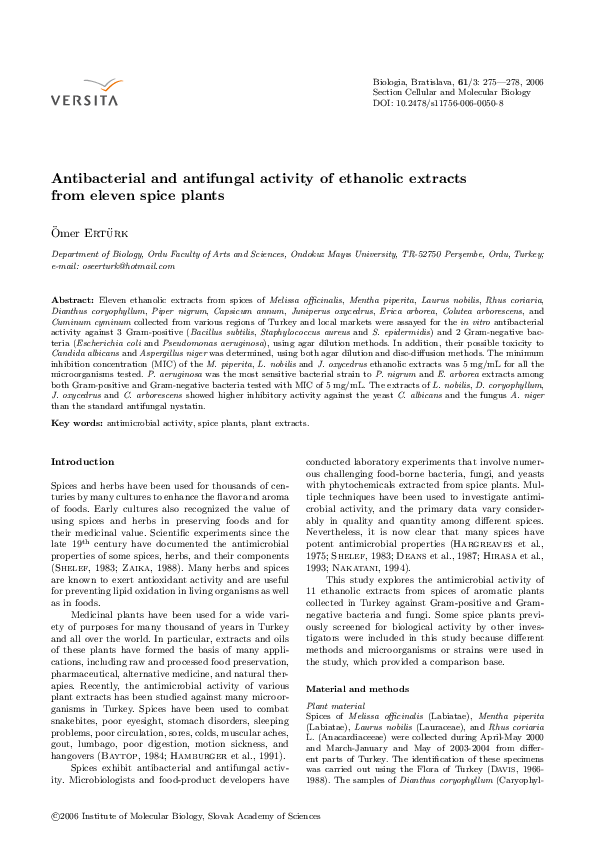 (PDF) Antibacterial and antifungal activity of ethanolic extracts from eleven spice plants ...