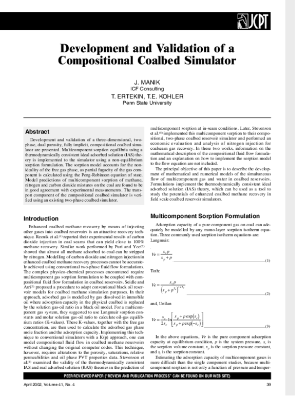 (PDF) Development and Validation of a Compositional Coalbed Simulator