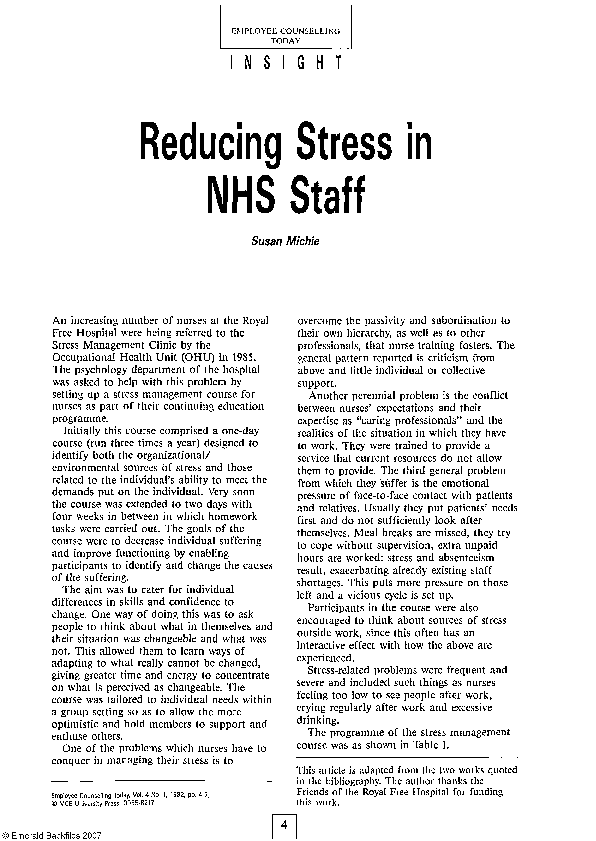 (PDF) Reducing Stress in NHS Staff