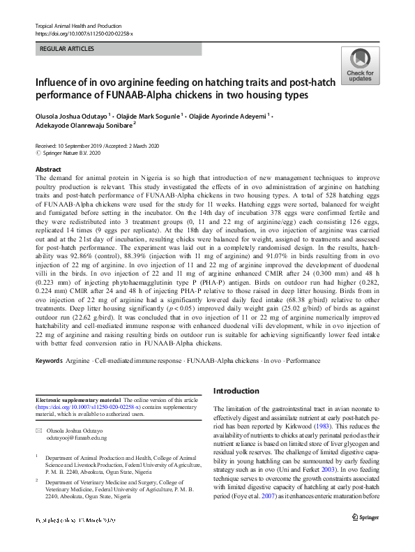 (PDF) Influence of in ovo arginine feeding on hatching traits and post ...