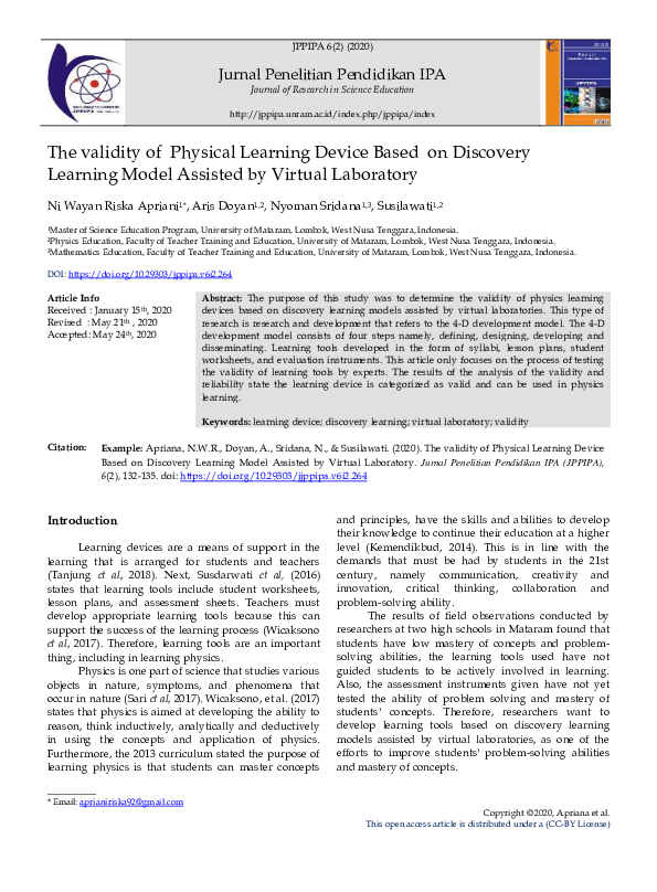 (PDF) The validity of Physical Learning Device Based on Discovery Learning Model Assisted by ...