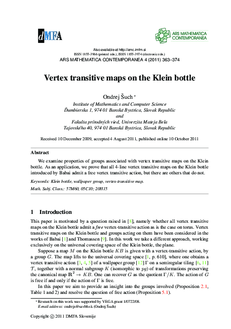 (PDF) Vertex transitive maps on the Klein bottle