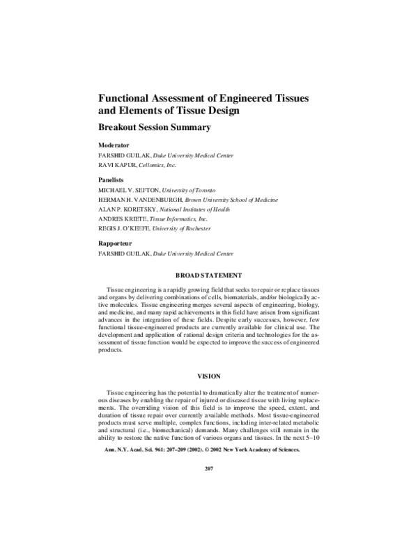 (PDF) Functional Assessment of Engineered Tissues and Elements of ...