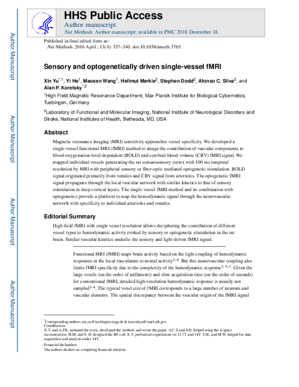 (PDF) Sensory and optogenetically driven single-vessel fMRI