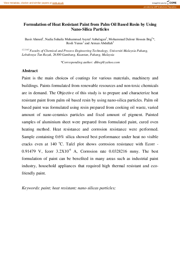 (PDF) Formulation of Heat Resistant Paint from Palm Oil Based Resin by ...