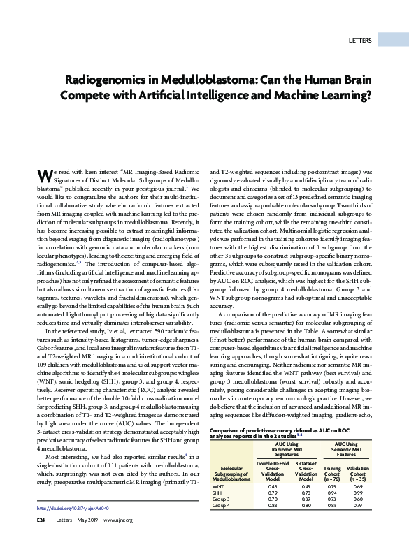 (PDF) Radiogenomics in Medulloblastoma: Can the Human Brain Compete with Artificial Intelligence ...