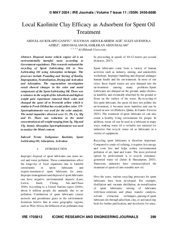 (PDF) Local Kaolinite Clay Efficacy as Adsorbent for Spent Oil Treatment