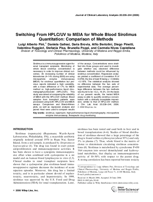 (PDF) Switching from HPLC/UV to MEIA for whole blood sirolimus ...