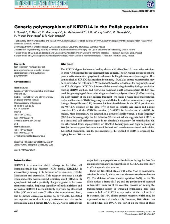 (PDF) Genetic polymorphism of KIR2DL4 in the Polish population