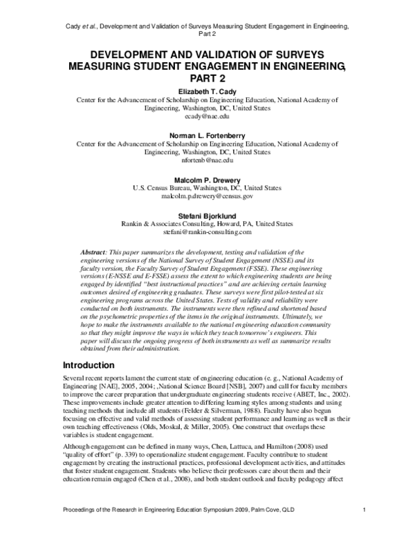 (PDF) Validation of the E-NSSE and E-FSSE for Engineering Programs