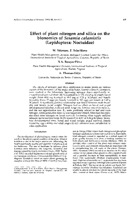 (PDF) Effect of plant nitrogen and silica on the bionomics ofSesamia ...