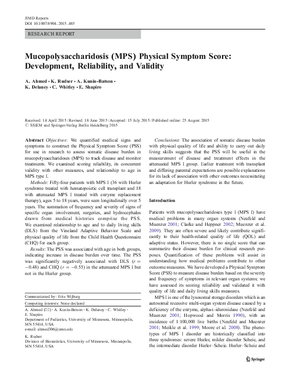 (PDF) Mucopolysaccharidosis (MPS) Physical Symptom Score: Development ...