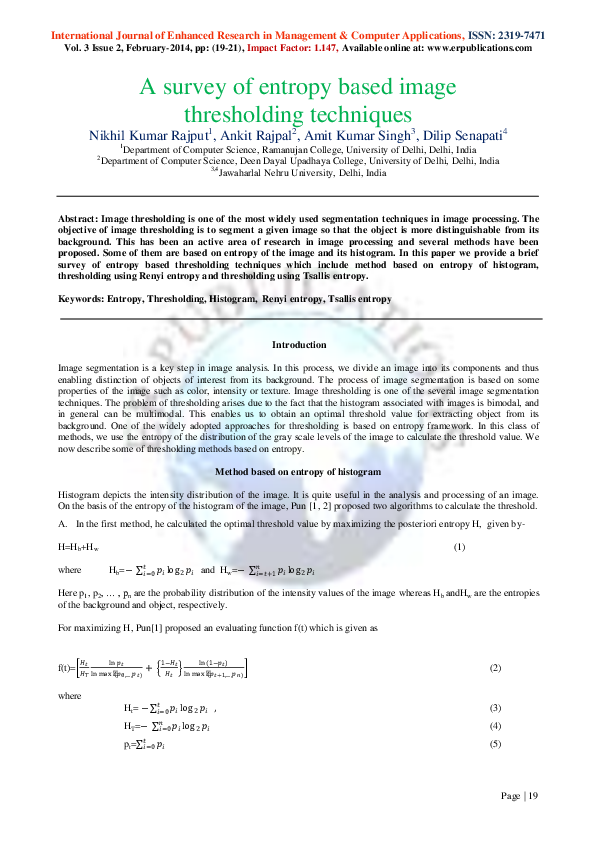 (PDF) A survey of entropy based image thresholding techniques | Dilip Senapati - Academia.edu