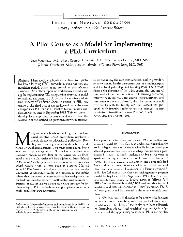 (PDF) A pilot course as a model for implementing a PBL curriculum