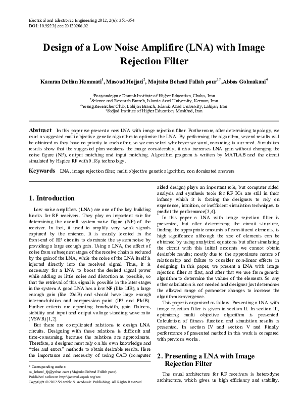 (PDF) Design of a Low Noise Amplifire (LNA) with Image Rejection Filter