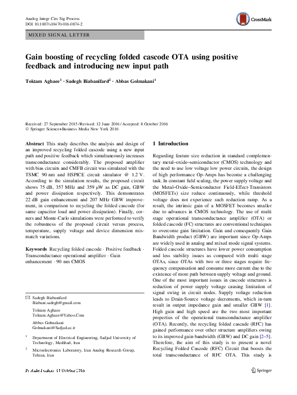 (PDF) Gain boosting of recycling folded cascode OTA using positive ...