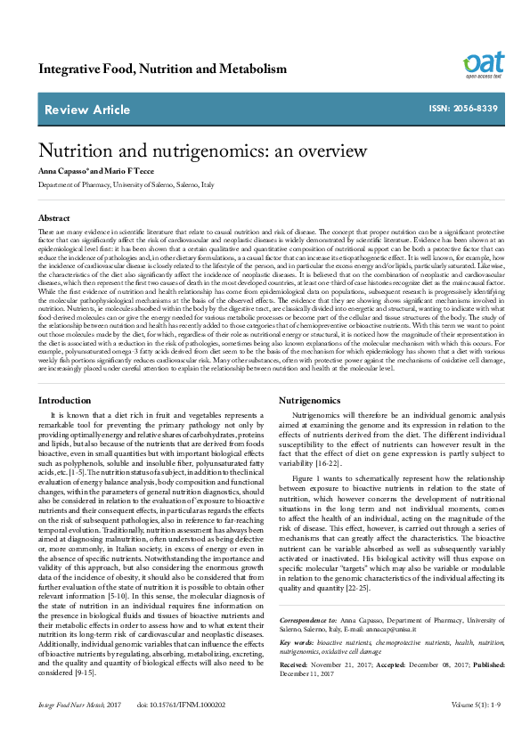 (PDF) Nutrition and nutrigenomics: an overview
