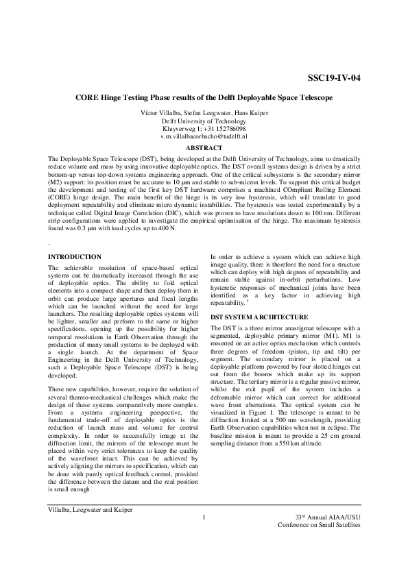 (PDF) CORE Hinge Testing Phase results of the Delft Deployable Space ...