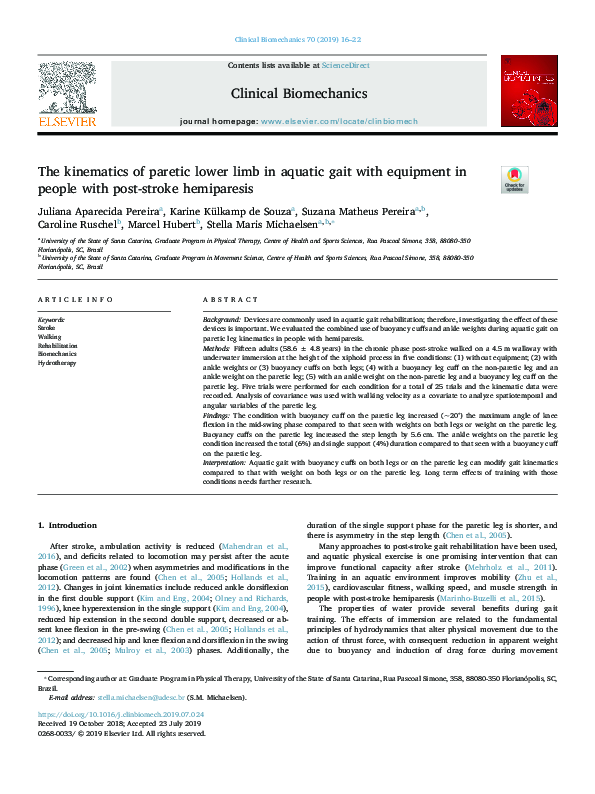 (PDF) The kinematics of paretic lower limb in aquatic gait with ...