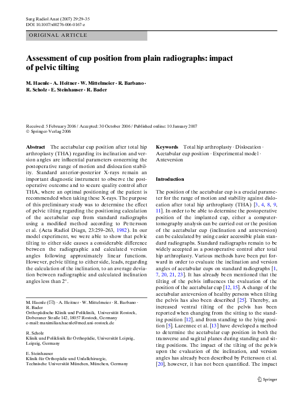 (PDF) Assessment of cup position from plain radiographs: impact of ...