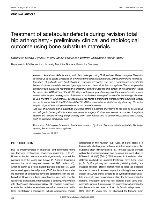 (PDF) Treatment of Acetabular Defects during Revision Total Hip Arthroplasty - Preliminary ...