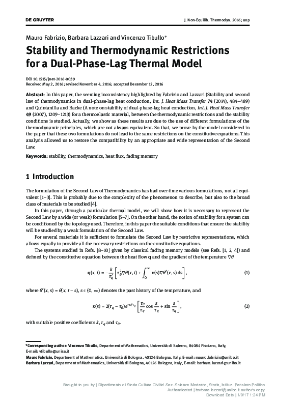 (PDF) Stability and Thermodynamic Restrictions for a Dual-Phase-Lag Thermal Model