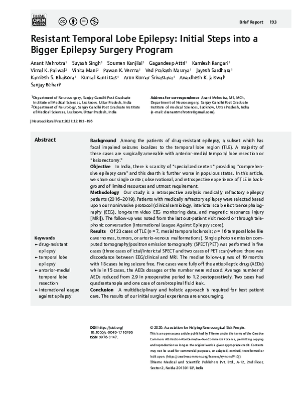 (PDF) Resistant Temporal Lobe Epilepsy: Initial Steps into a Bigger ...