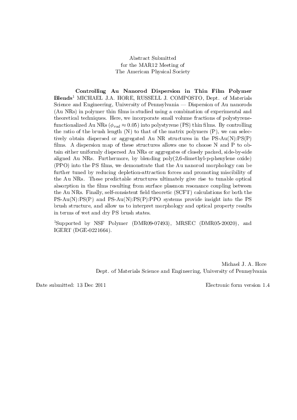 (PDF) Controlling Au Nanorod Dispersion in Thin Film Polymer Blends