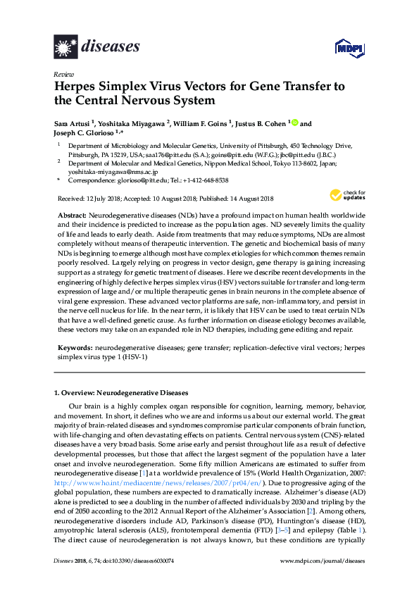(PDF) Herpes Simplex Virus Vectors for Gene Transfer to the Central Nervous System