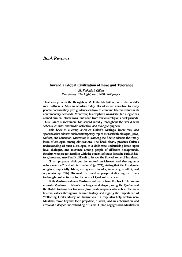 Pdf Toward A Global Civilization Of Love And Tolerance