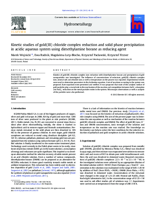 (PDF) Kinetic studies of gold(III) chloride complex reduction and solid ...