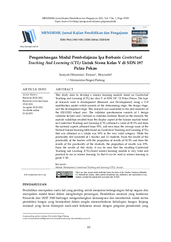 (PDF) Pengembangan Modul Pembelajaran Ipa Berbasis Contextual Teaching And Learning (CTL) Untuk ...