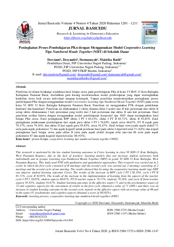 (PDF) Peningkatan Proses Pembelajaran PKN dengan Menggunakan Model Cooperative Learning Tipe ...