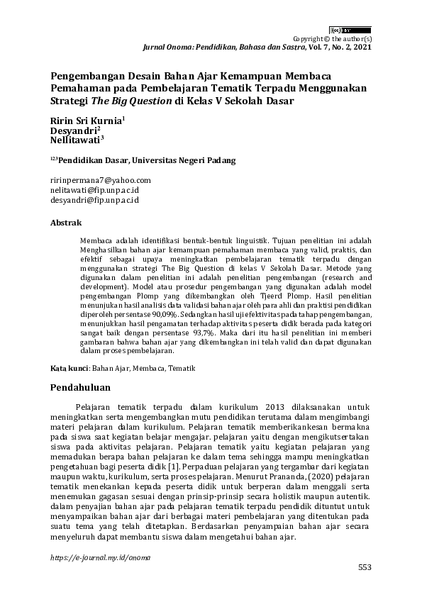 (PDF) Pengembangan Desain Bahan Ajar Kemampuan Membaca Pemahaman Pada Pembelajaran Tematik ...