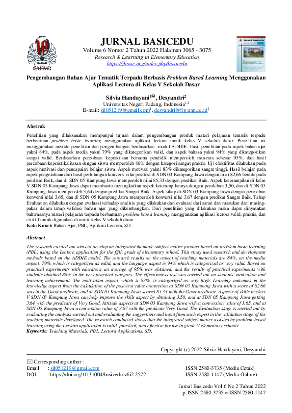 (PDF) Pengembangan Bahan Ajar Tematik Terpadu Berbasis Problem Based Learning Menggunakan ...
