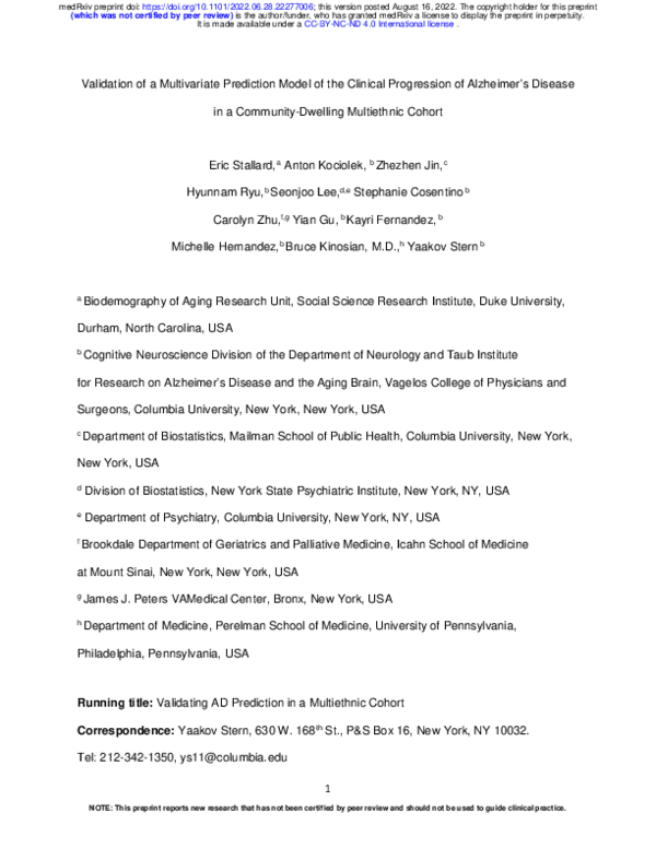 (PDF) Validation of a Multivariate Prediction Model of the Clinical Progression of Alzheimer’s ...