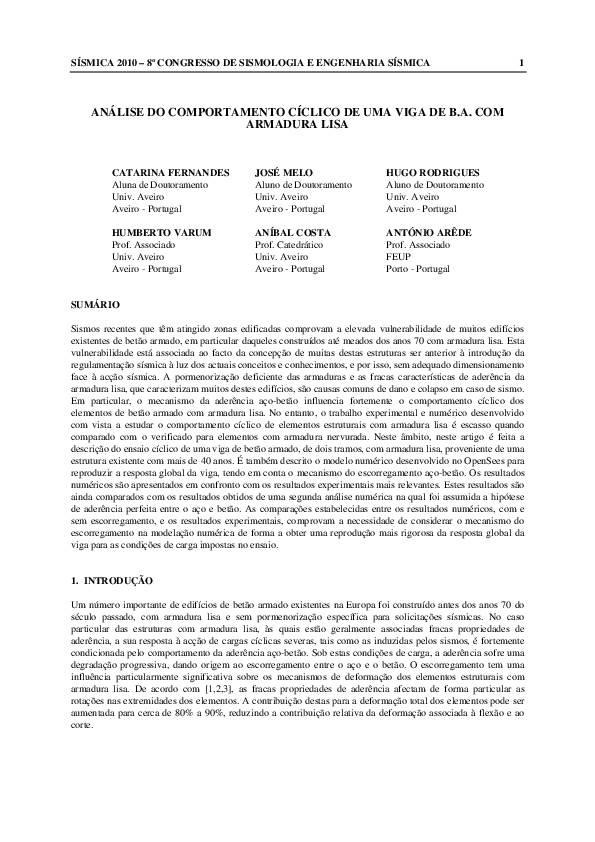 (PDF) Análise do comportamento cíclico de uma viga de BA com armadura lisa