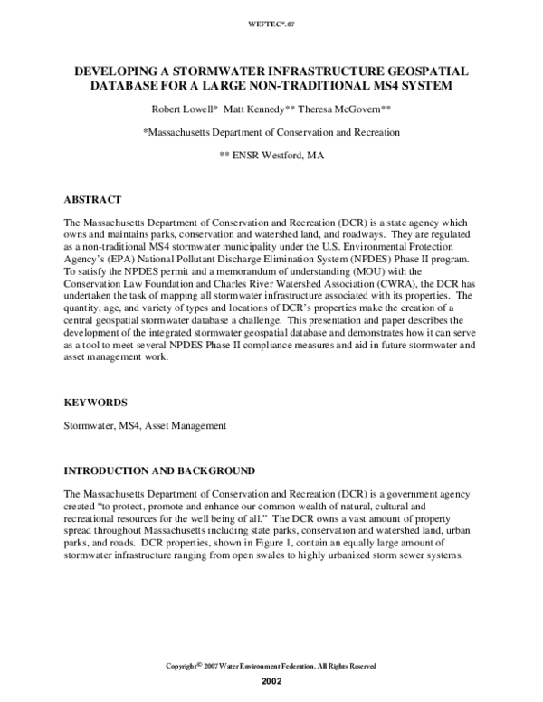 (PDF) Developing a Stormwater Infrastructure Geospatial Database for a Large Non-Traditional MS4 ...